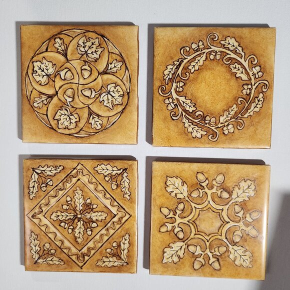 Dining | Hand Painted Porcelain Tile Coasters Set Of Four Oak Leaves ...